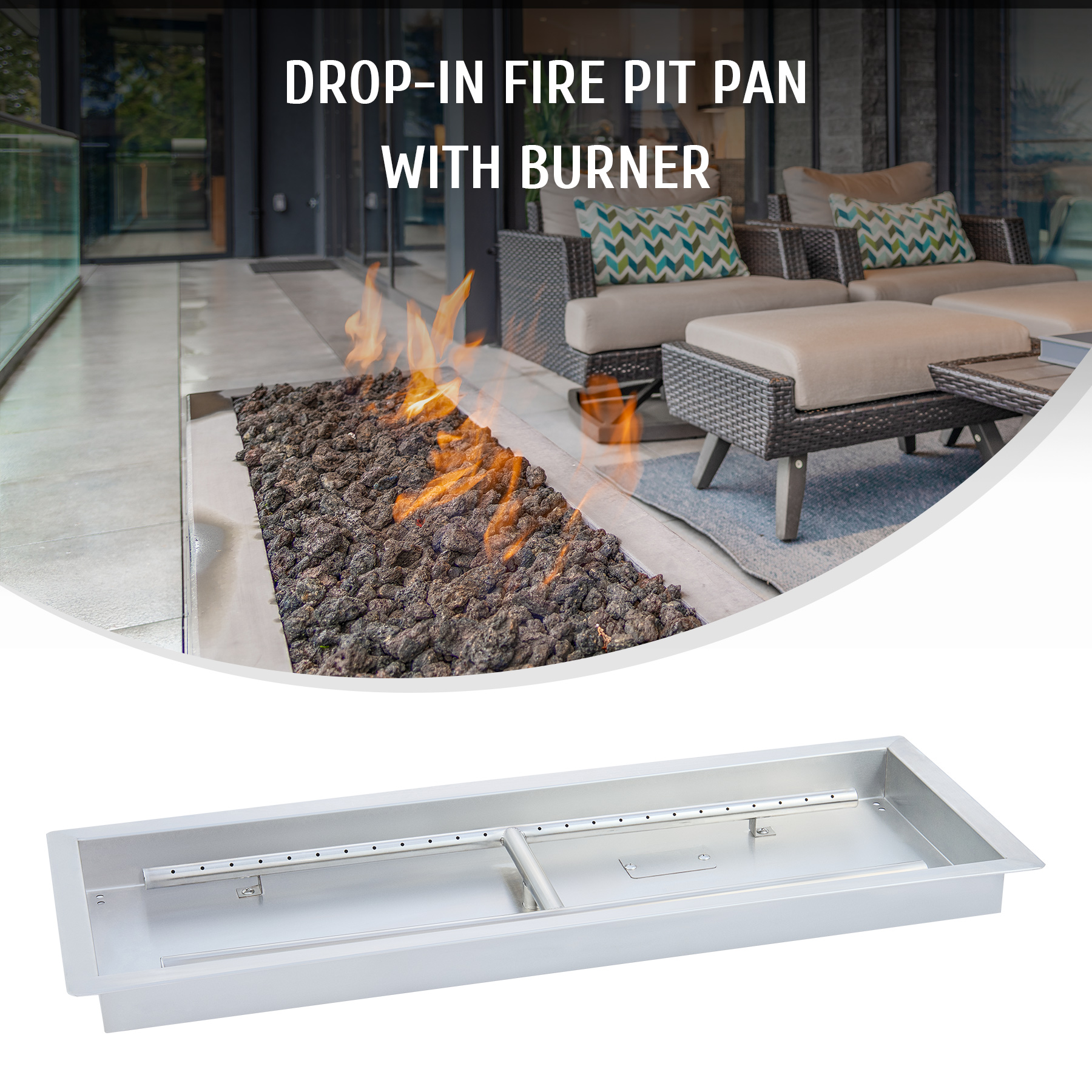 32x12 Inch Drop-In Fire Pit Pan w Burner Stainless Steel Gas Propane ...