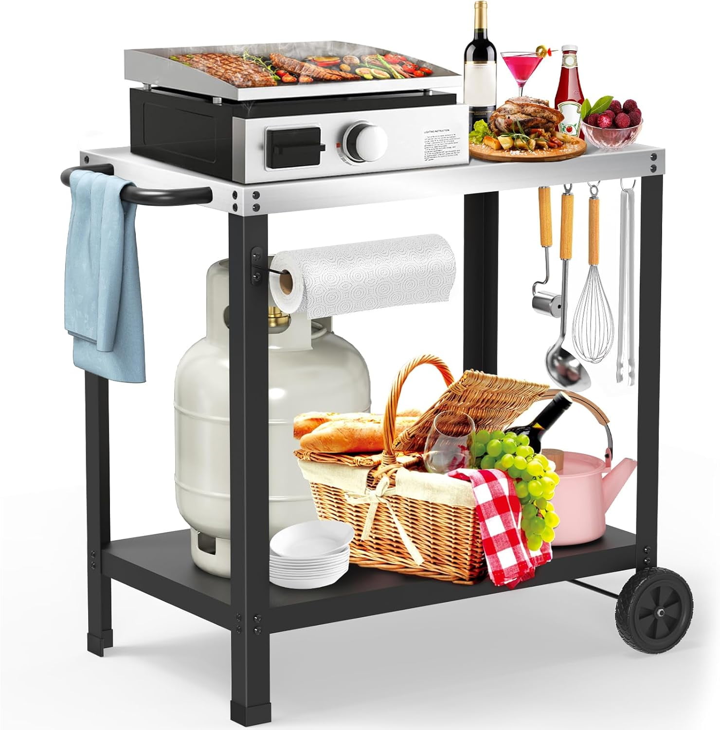 32x20IN Double-Shelve Grill Table, Stainless Steel Outdoor Grill Cart ...