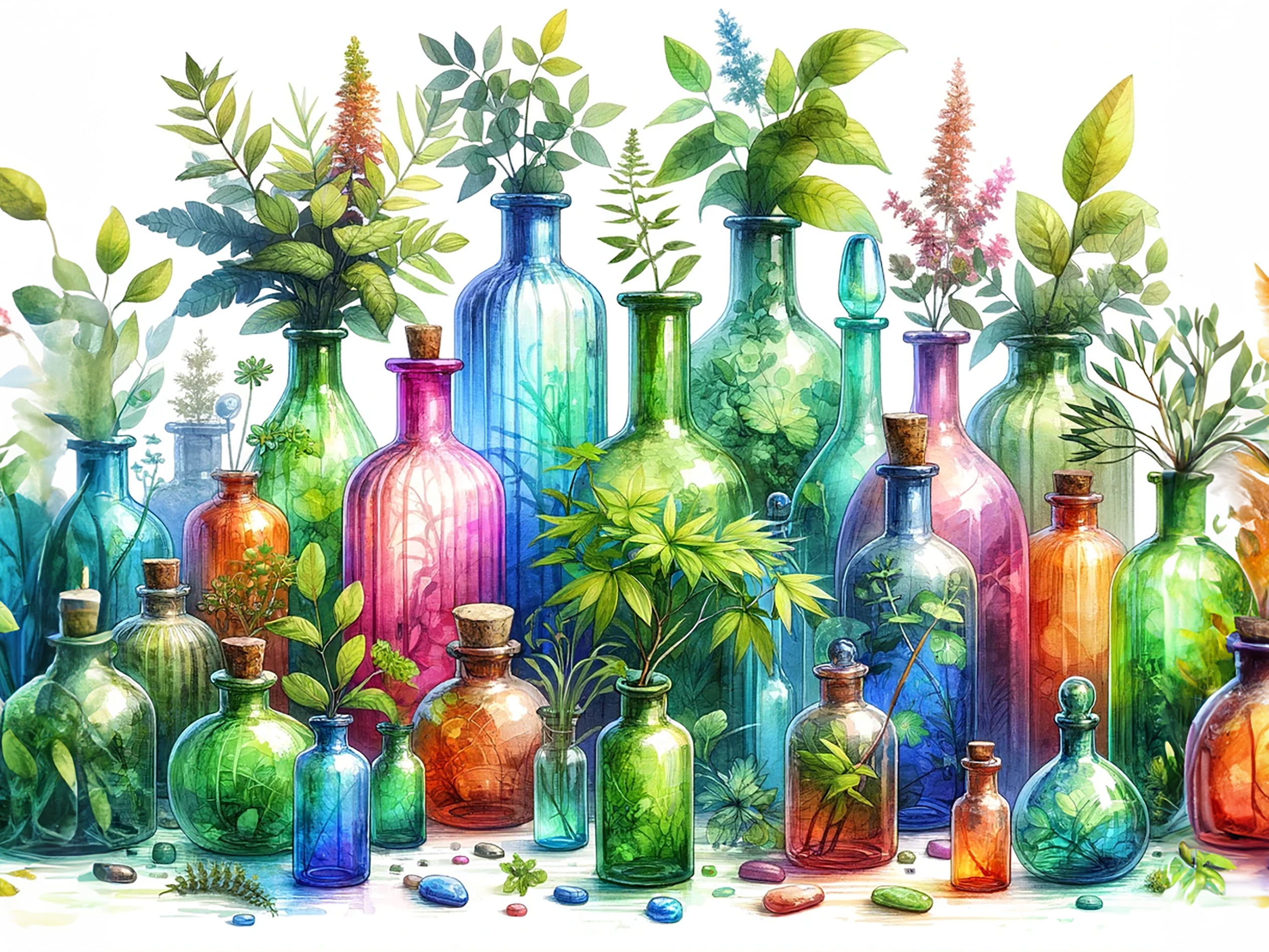 32x24in Enchanted Botanicals multiple colorful glass bottles and plants ...