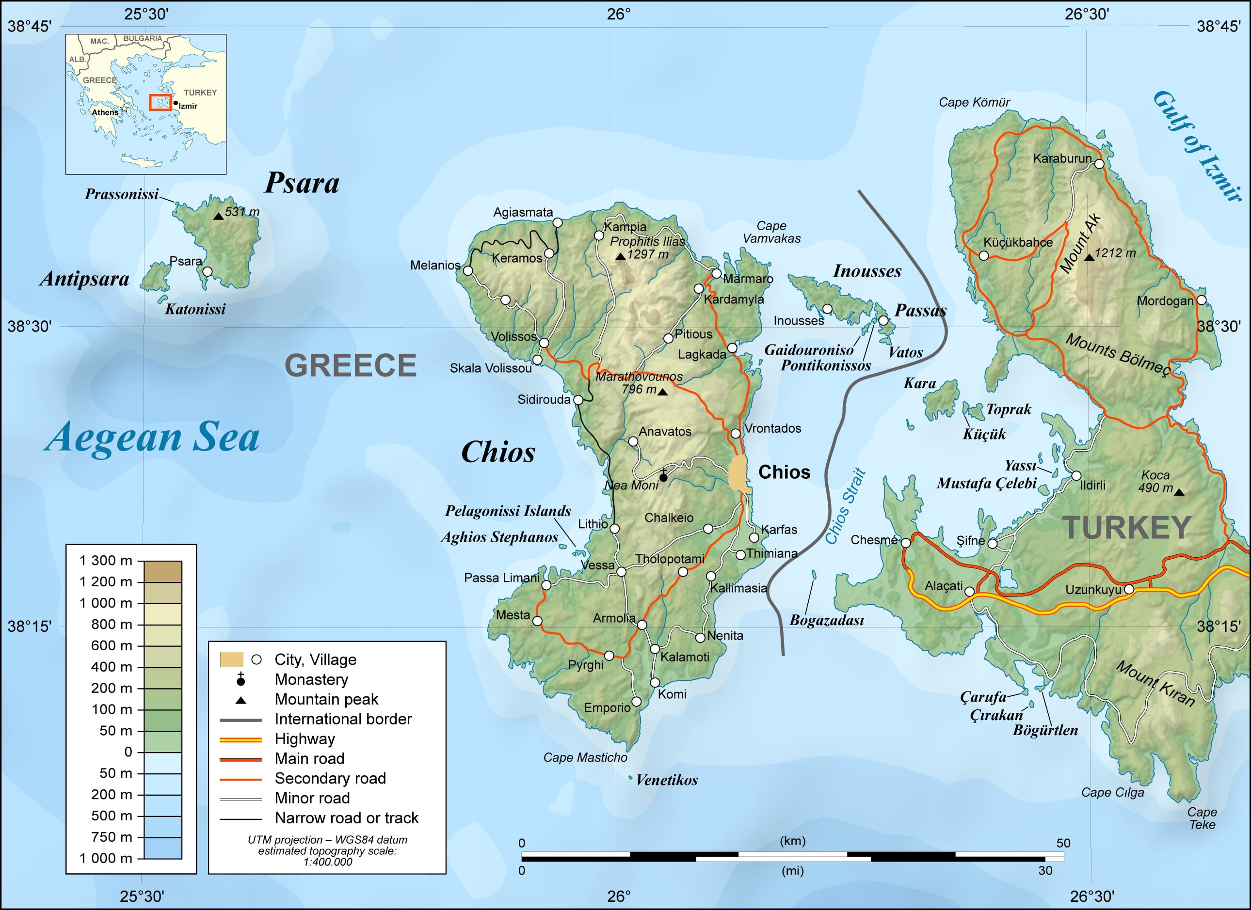 32x24in Topographic map in English of Chios and Psara islands, Aegean ...