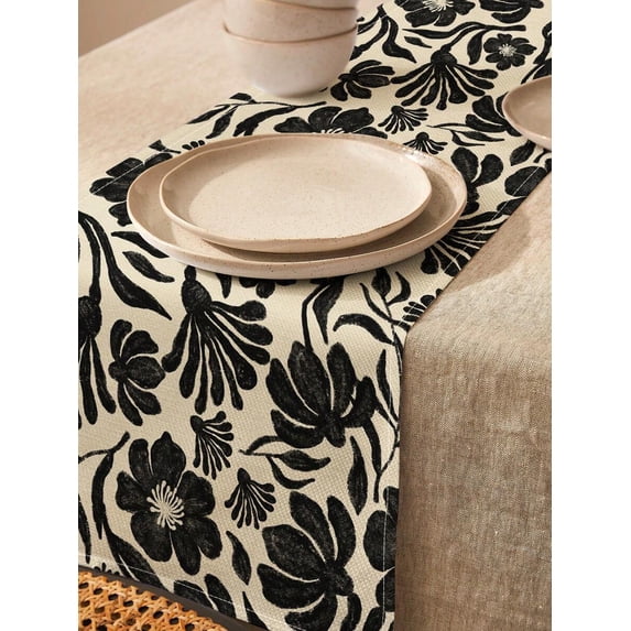 33*183 Hand-Painted Black Floral Linen Table Runner For Dining, Parties ...