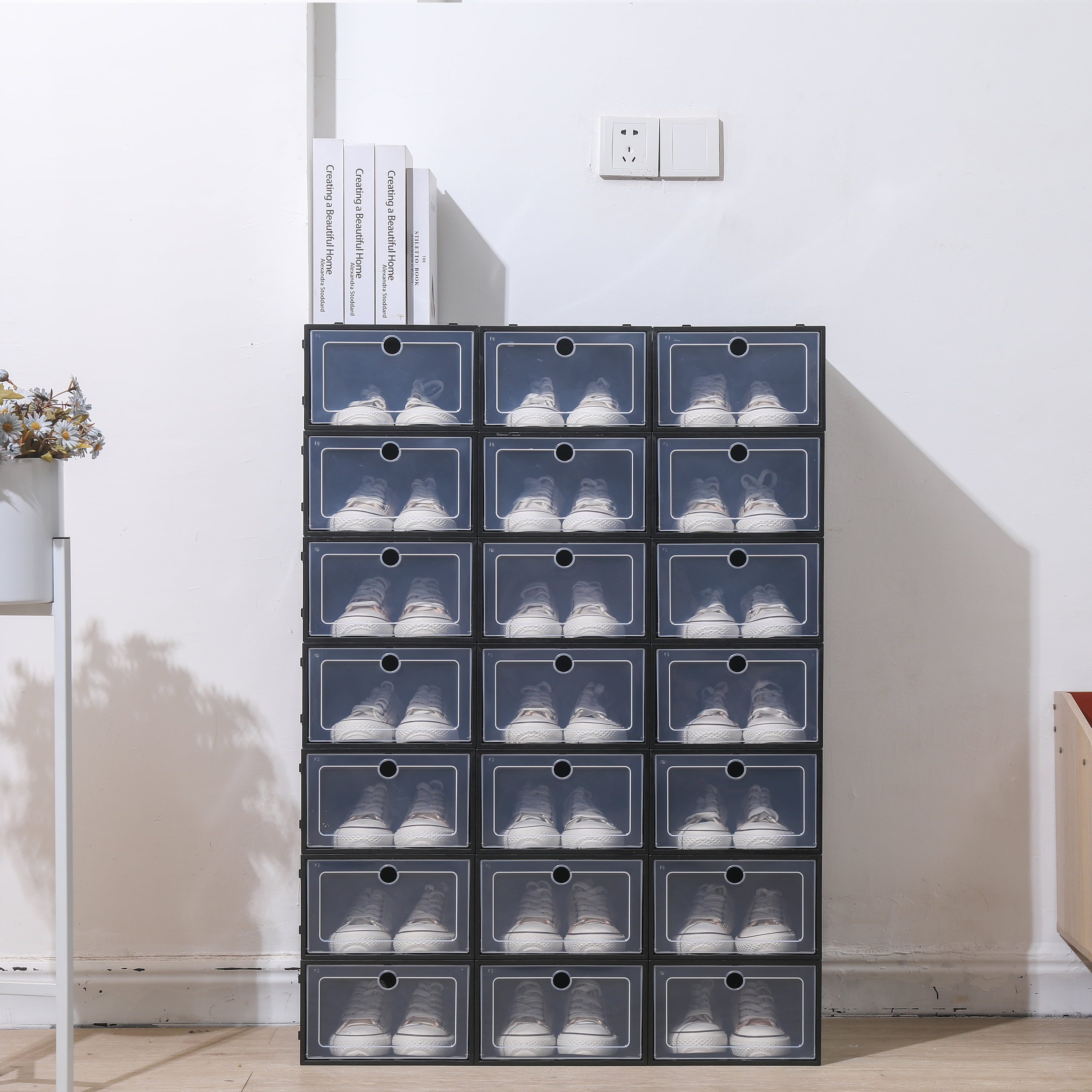 33*23*14cm 24 Slots Shoe Storage Box Assembly Black Stackable Shoe ...
