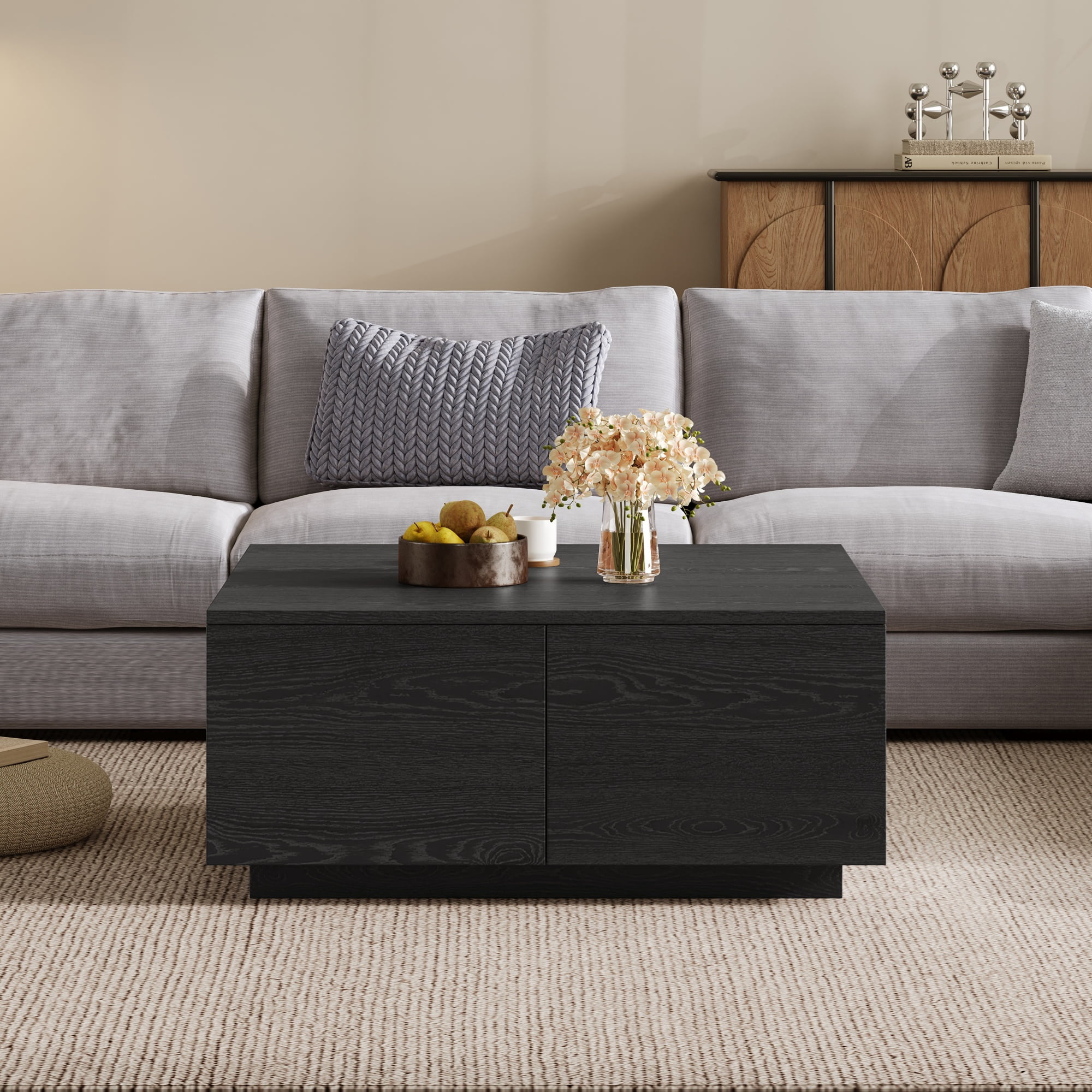 33.25" Square Coffee Table with 4 Drawers, Black Modern Storage Coffee ...