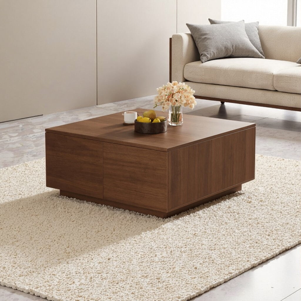 33.25" Square Walnut Coffee Table with 4 Spacious Storage Drawers ...