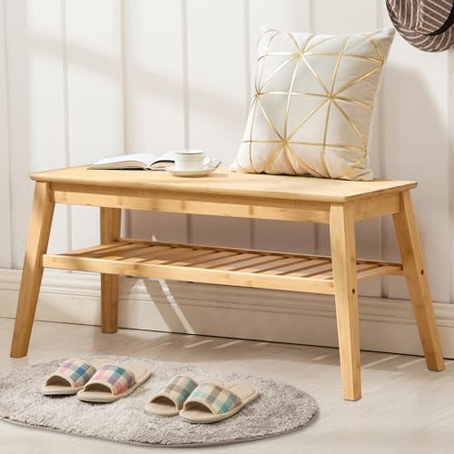 33.46" Bamboo Entryway Bench, 2 Tier Indoor Storage Bench, Wood Bench ...