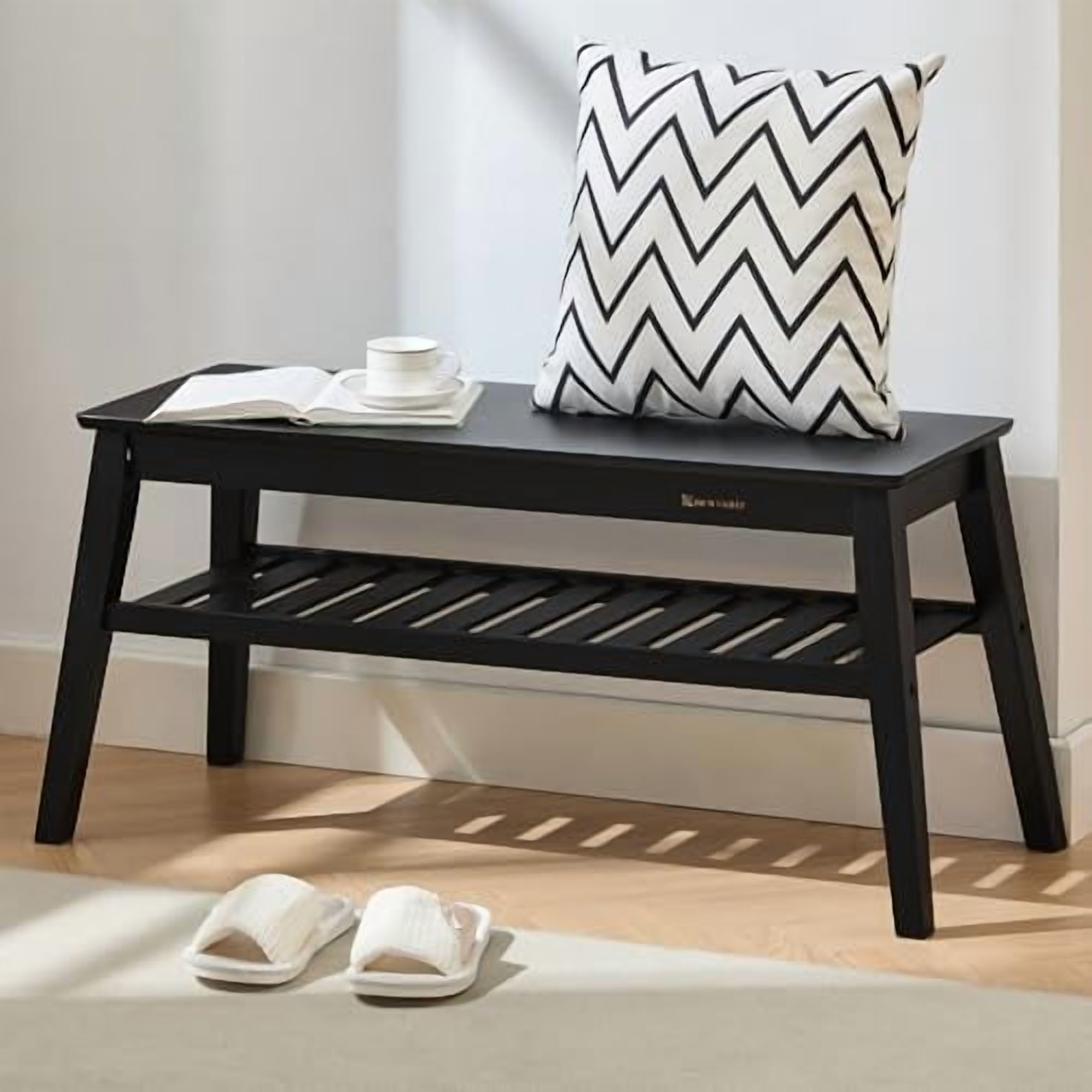 33.46" Bamboo Entryway Bench, 2 Tier Indoor Storage Bench, Wood Bench ...