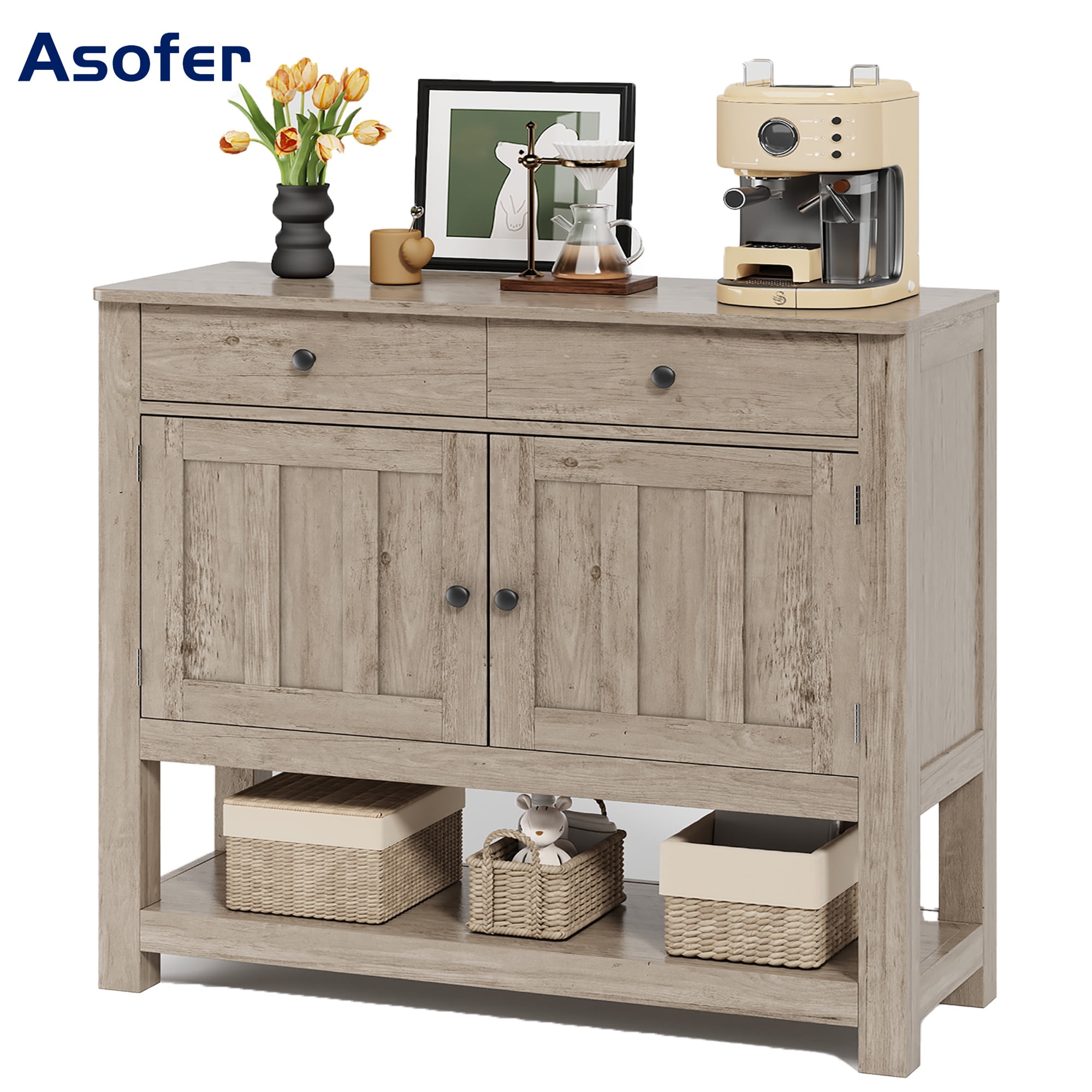 33.5" Farmhouse Buffet Sideboard Cabinet with 2 Drawers & 2 Door & Open ...