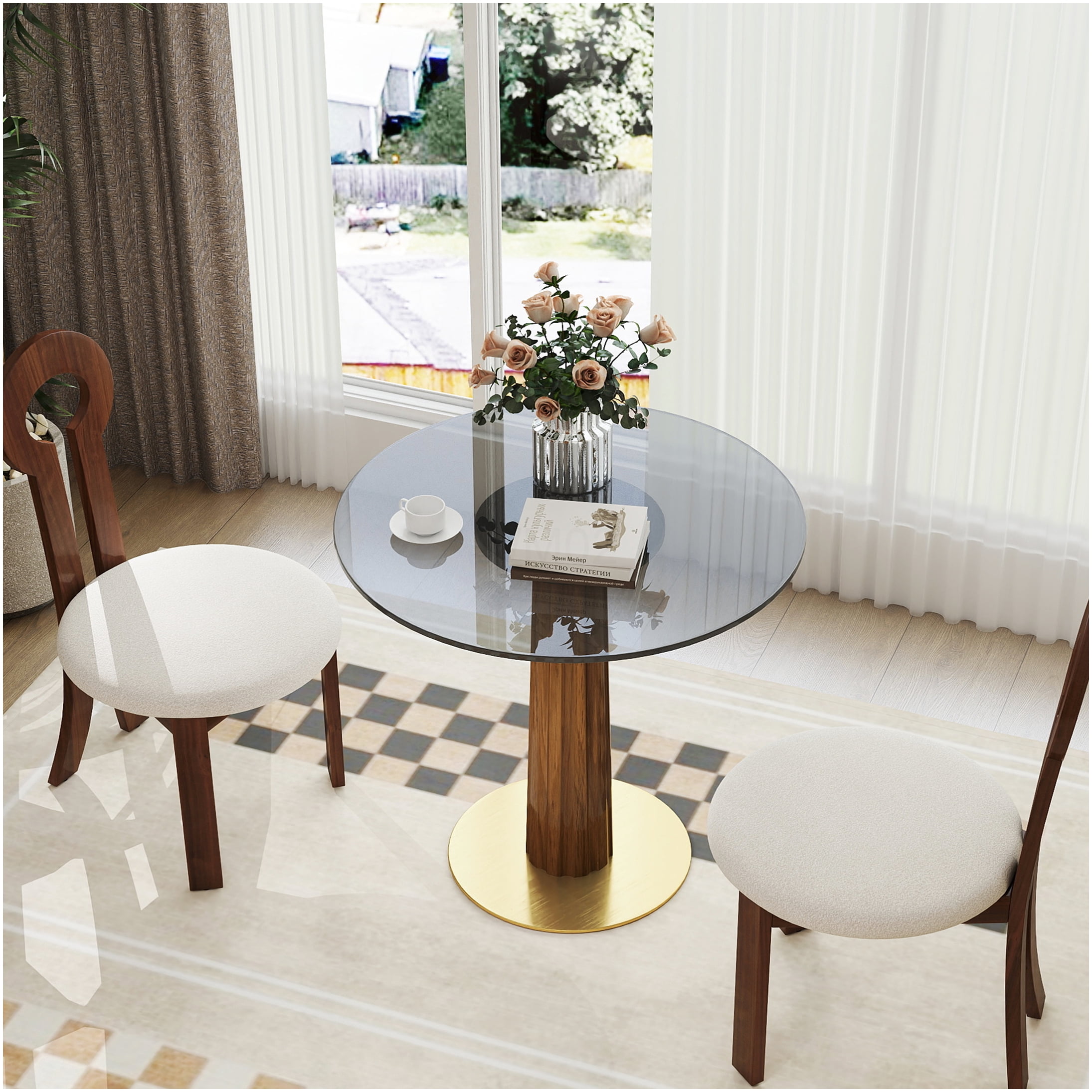 33.5 Inch Round Glass Dining Table with Gold Base, Modern Kitchen Table ...