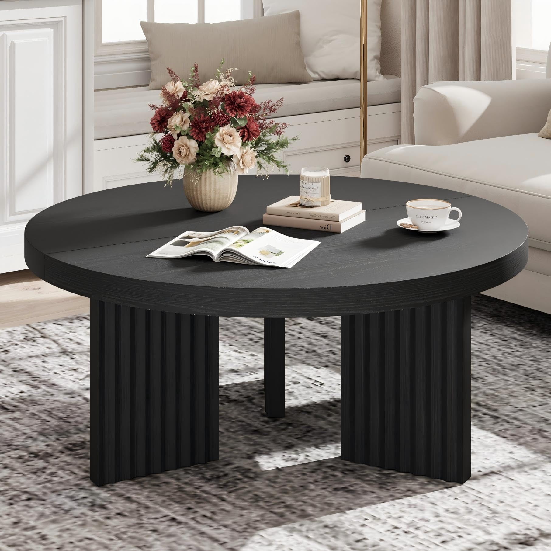 33.5" Round Coffee Table, 1.3" Thick Top with Fluted Legs, Easy ...