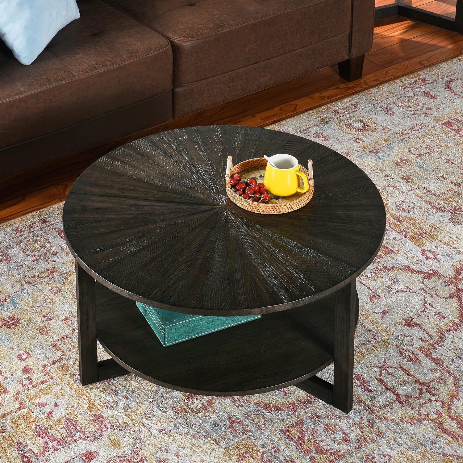 33.5” Round Coffee Table with Storage Shelf, Solid Wood Living Room ...