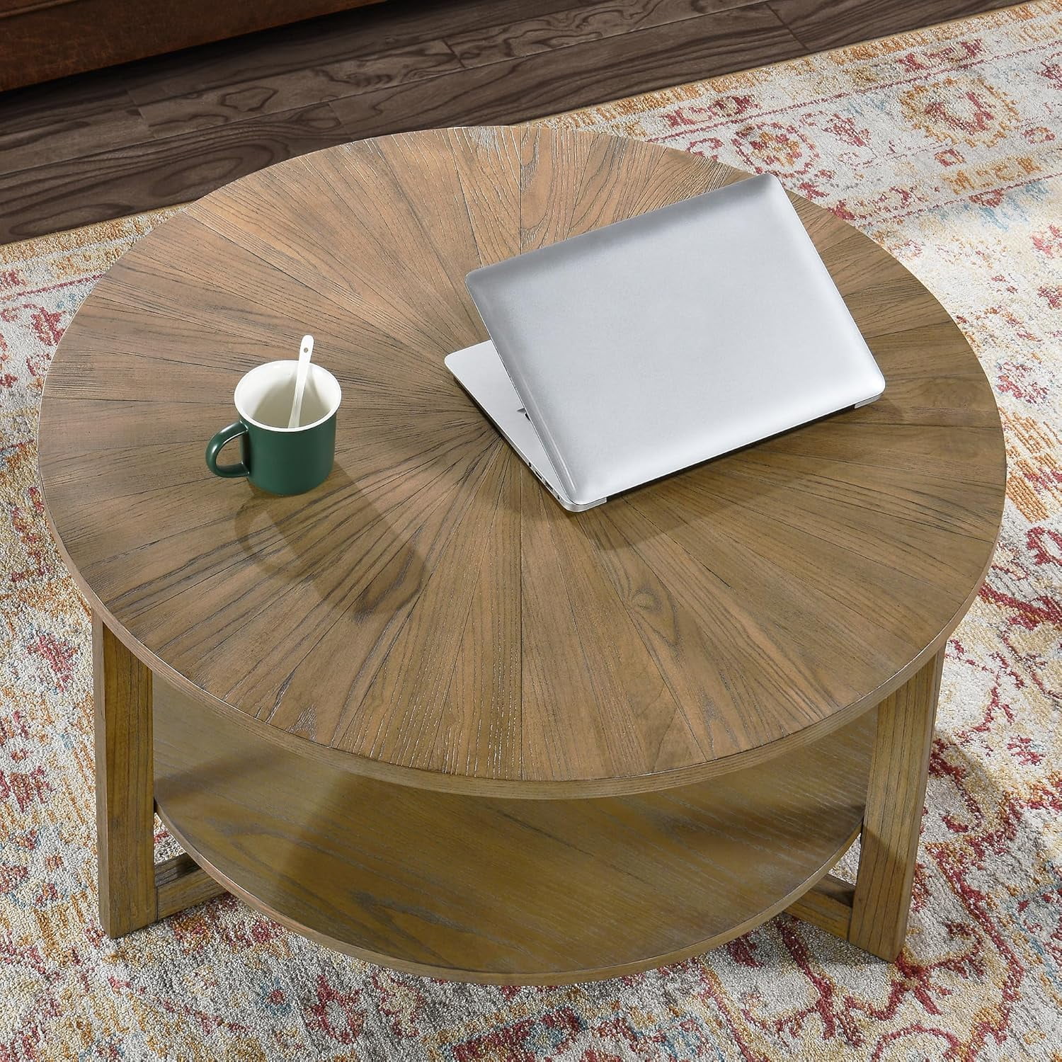 33.5” Round Coffee Table with Storage Shelf, Solid Wood Living Room ...