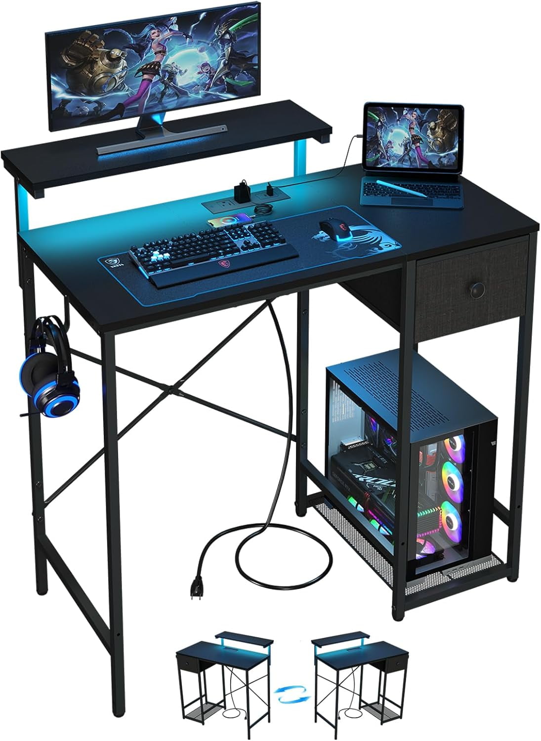 MY 33.5" Small Gaming Desk with LED Lights & Power Outlets, Compact ...