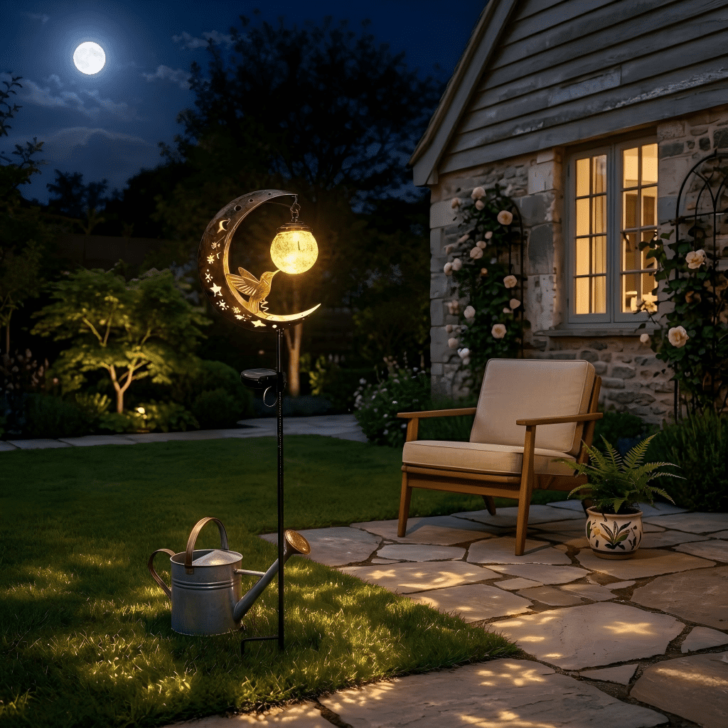 33.5" Solar Moon & Hummingbird Garden Stake Light - Rustic Metal ...