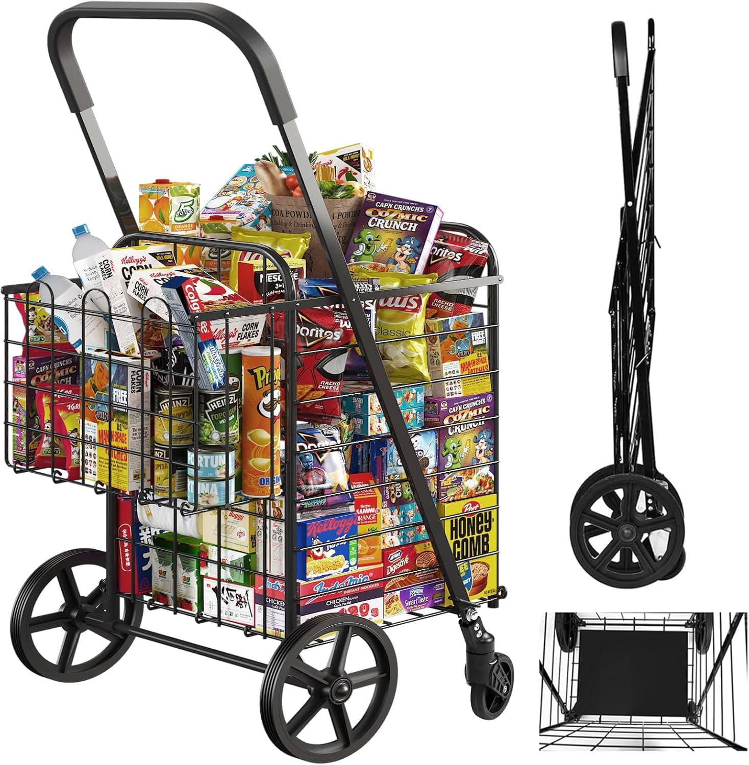 33.6Gal Huge Shopping Cart for Groceries, 360° Swivel Wheels Folding ...