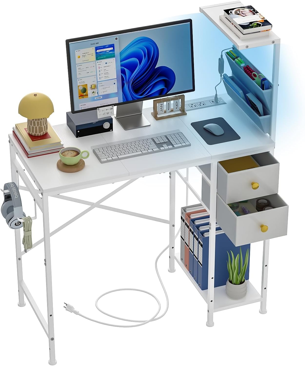 33.7" Computer Desk with Power Outlets, LED Lights & 2 Drawers, Small ...
