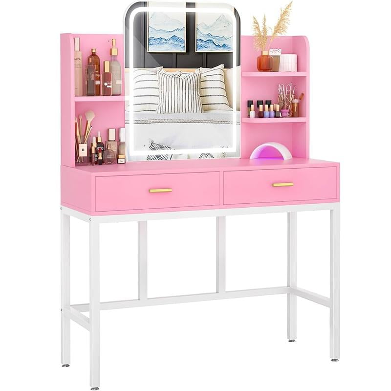 33.7 Inch Dressing Table with Electrical Outlet, White and Black Makeup ...