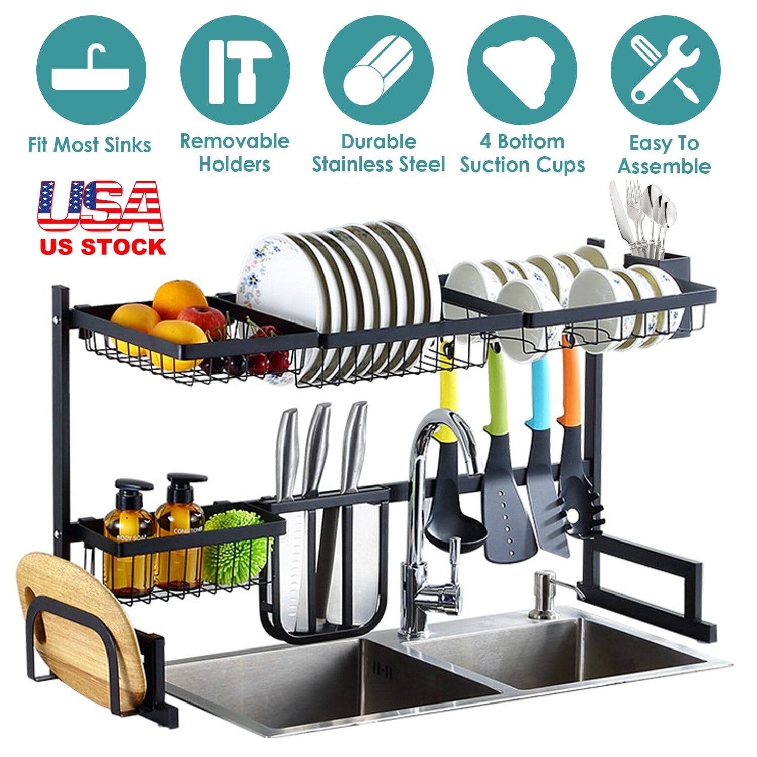 33.7in Over The Sink Dish Drying Rack Adjustable Kitchen Black Dish ...