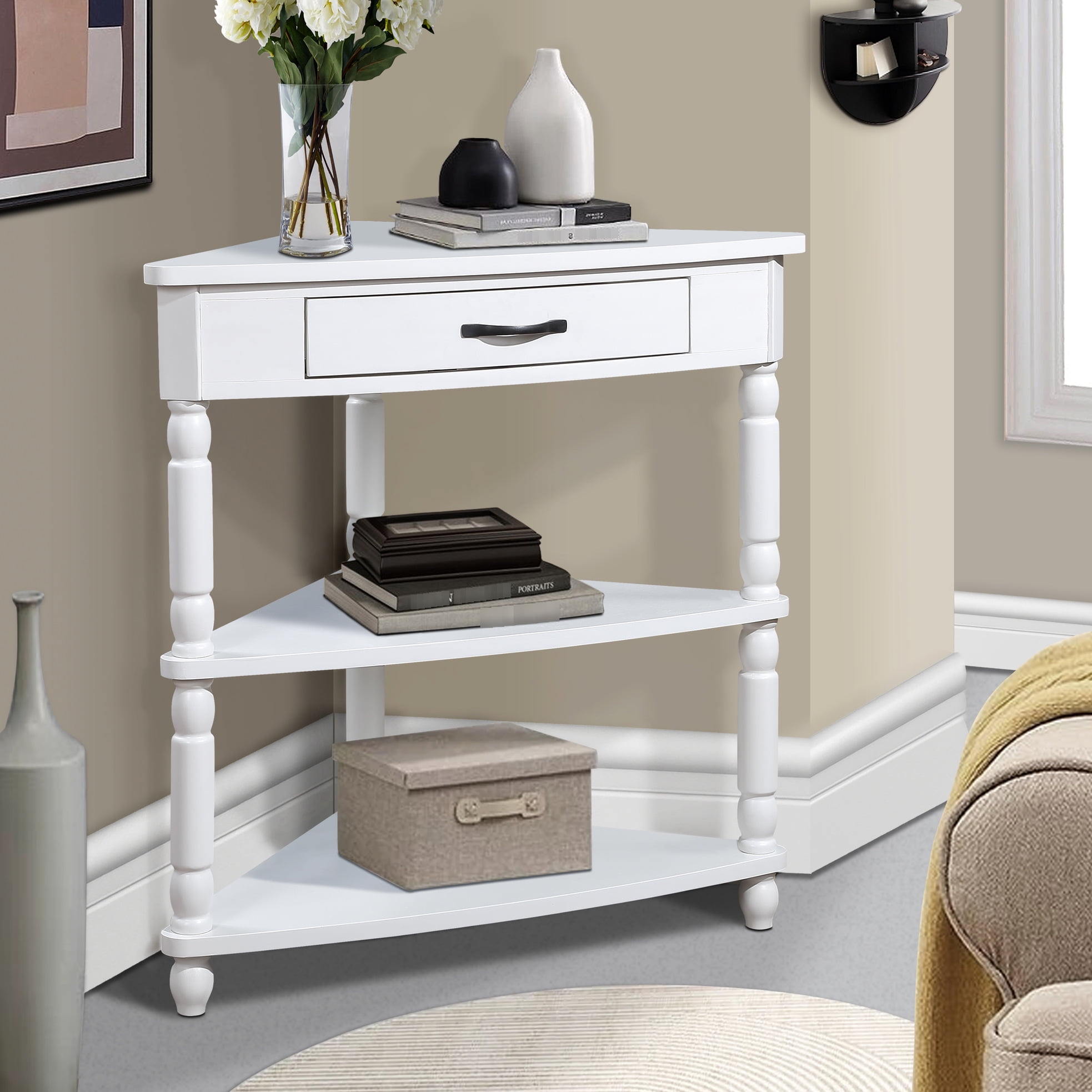 33.8'' Small Corner Table, Milk White, Solid Wood Legs & Practical ...