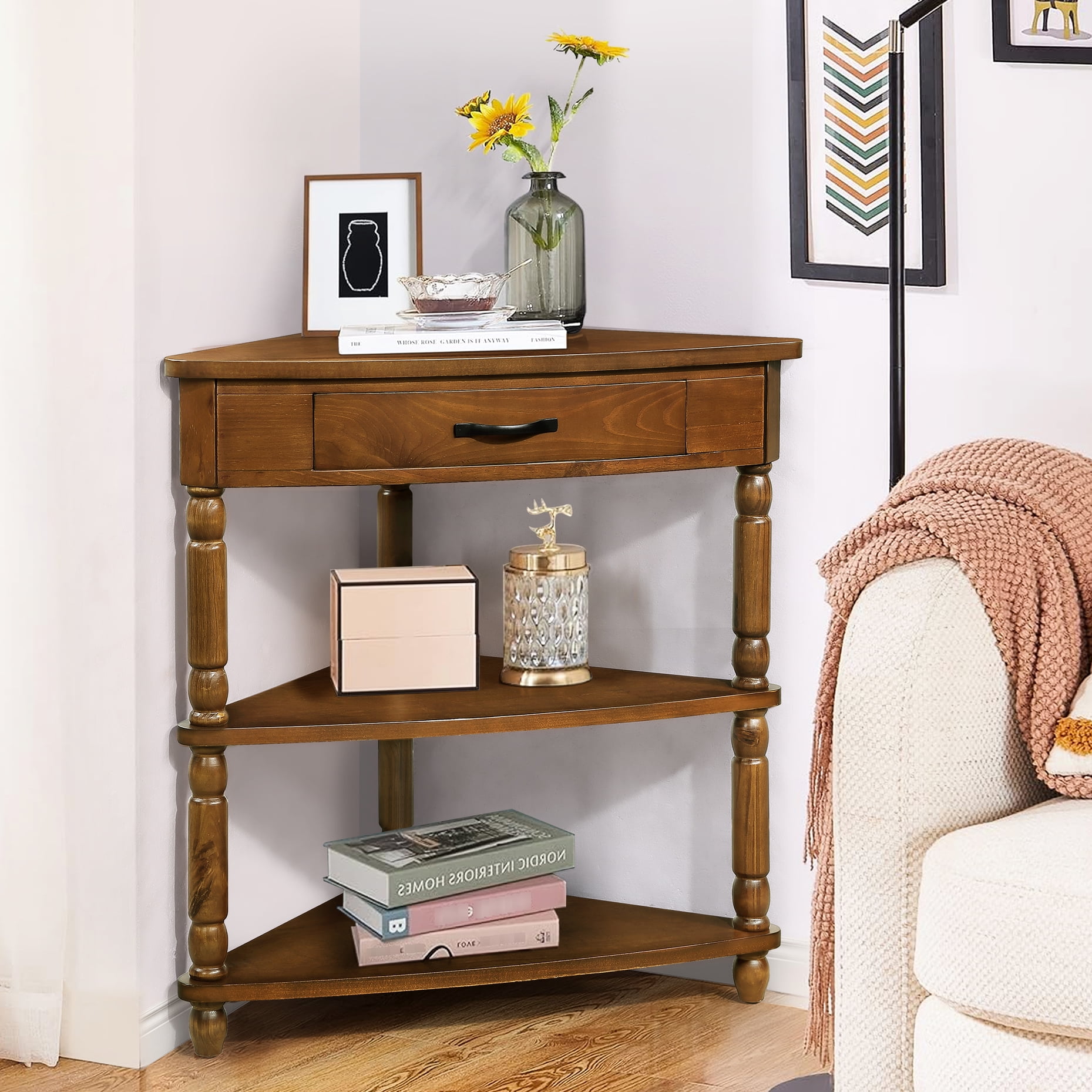 33.8'' Triangle Side Table With 3 , Solid Wood Legs, Clay Brown Tier ...