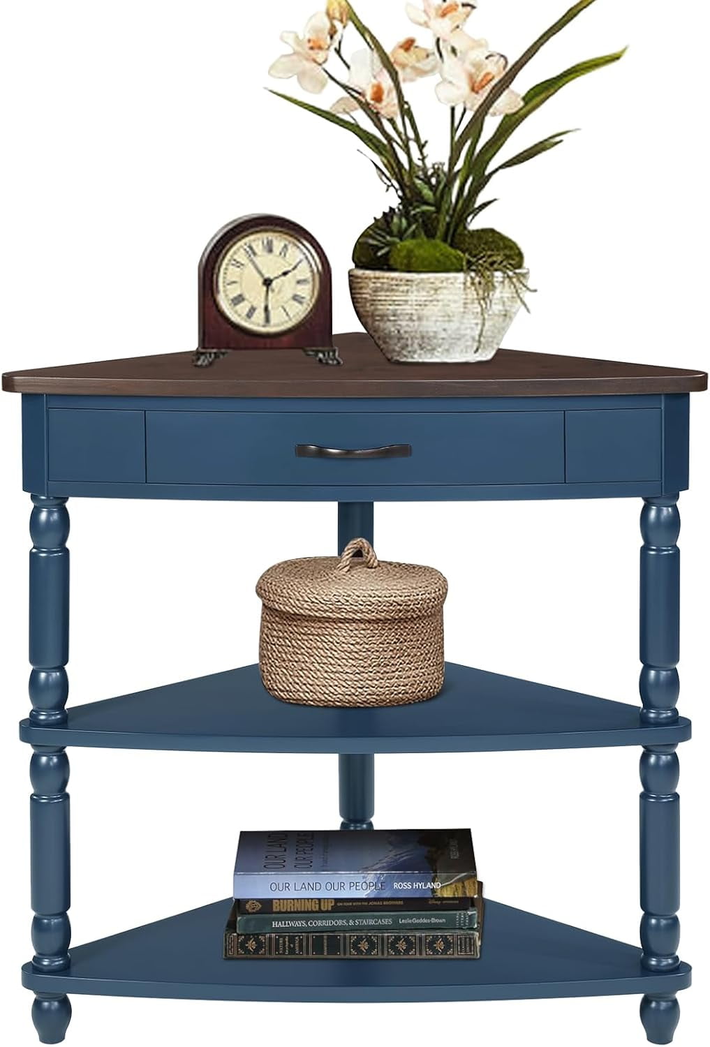 33.86'' Corner Table, 3 Tier Space with Drawer for Storage, Solid Wood ...