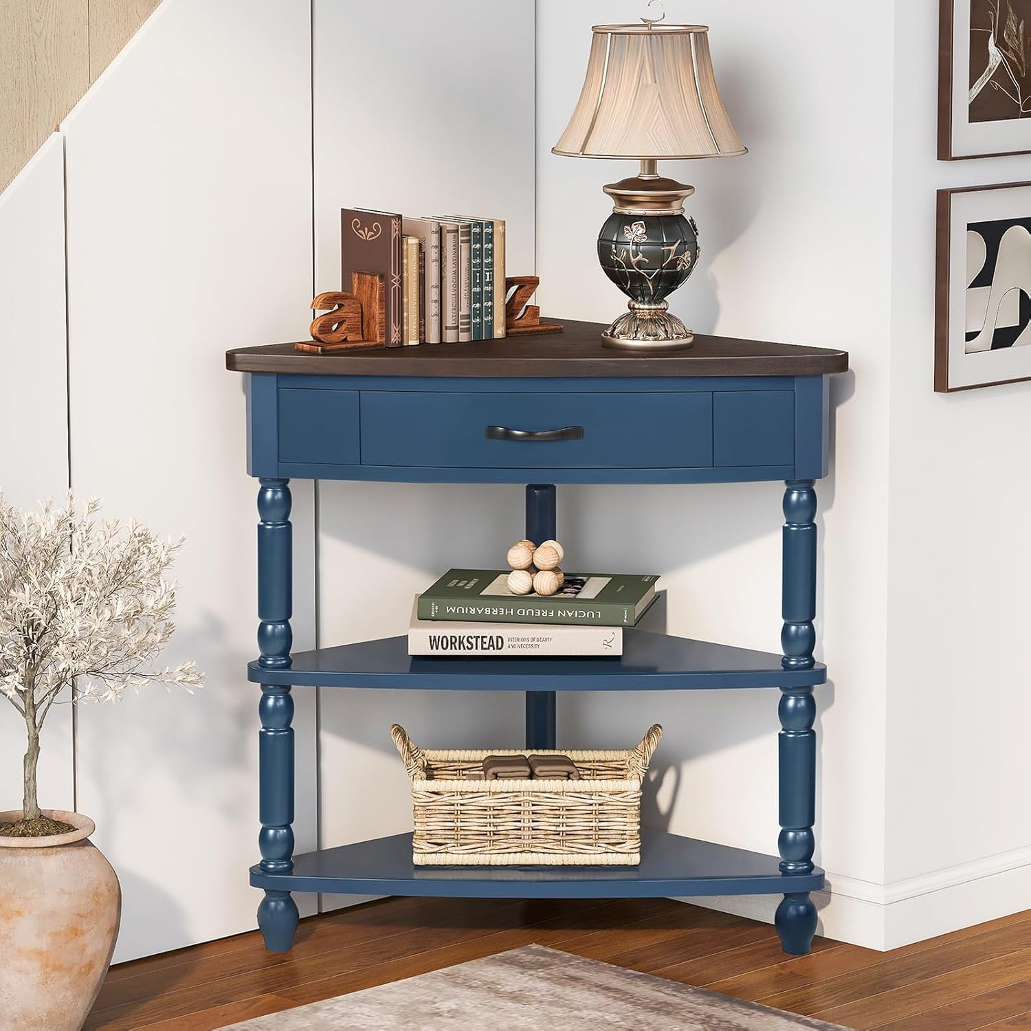 33.86" Corner Table, Wood 3 Tier Triangle Side Table Corner Shelf Stand ...