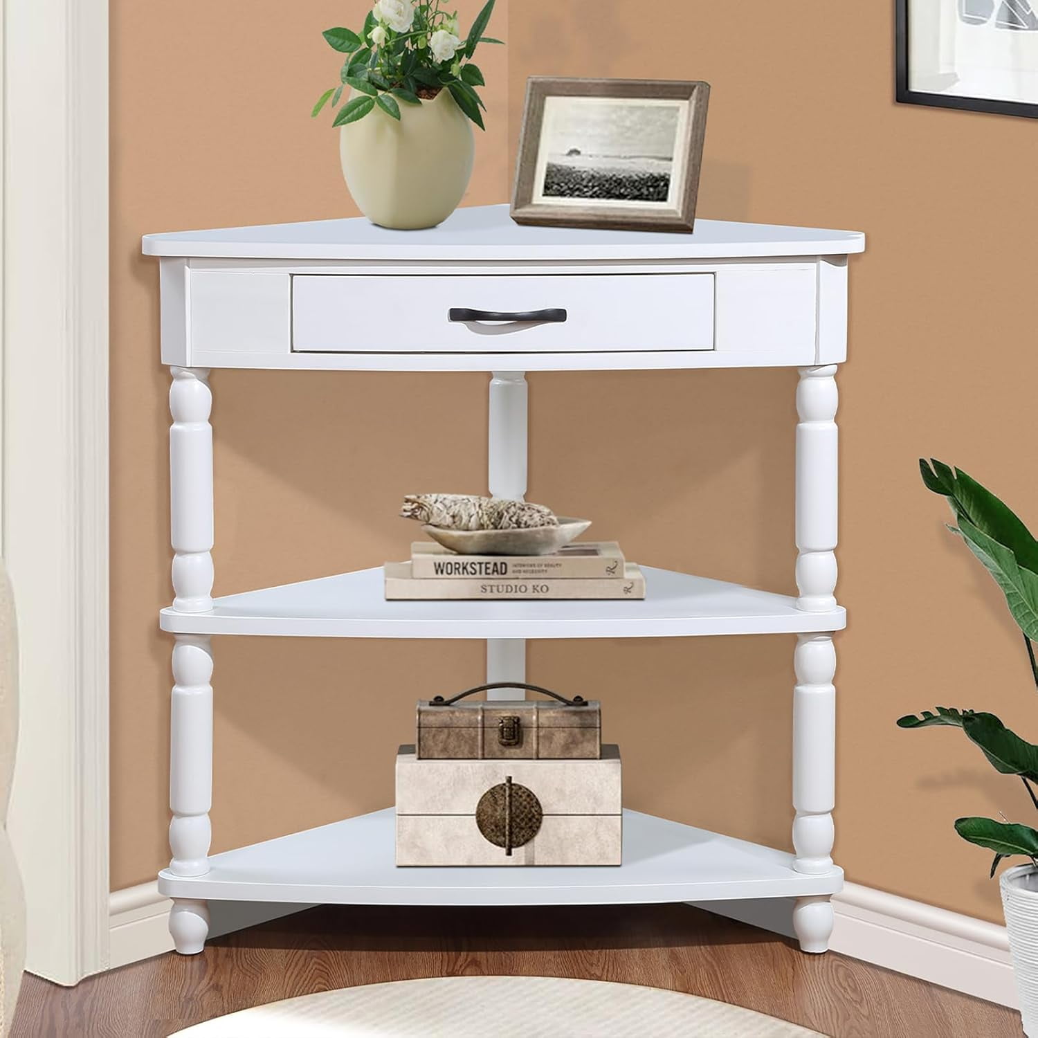 33.86" Corner Table, Wood 3 Tier Triangle Side Table Corner Shelf Stand ...