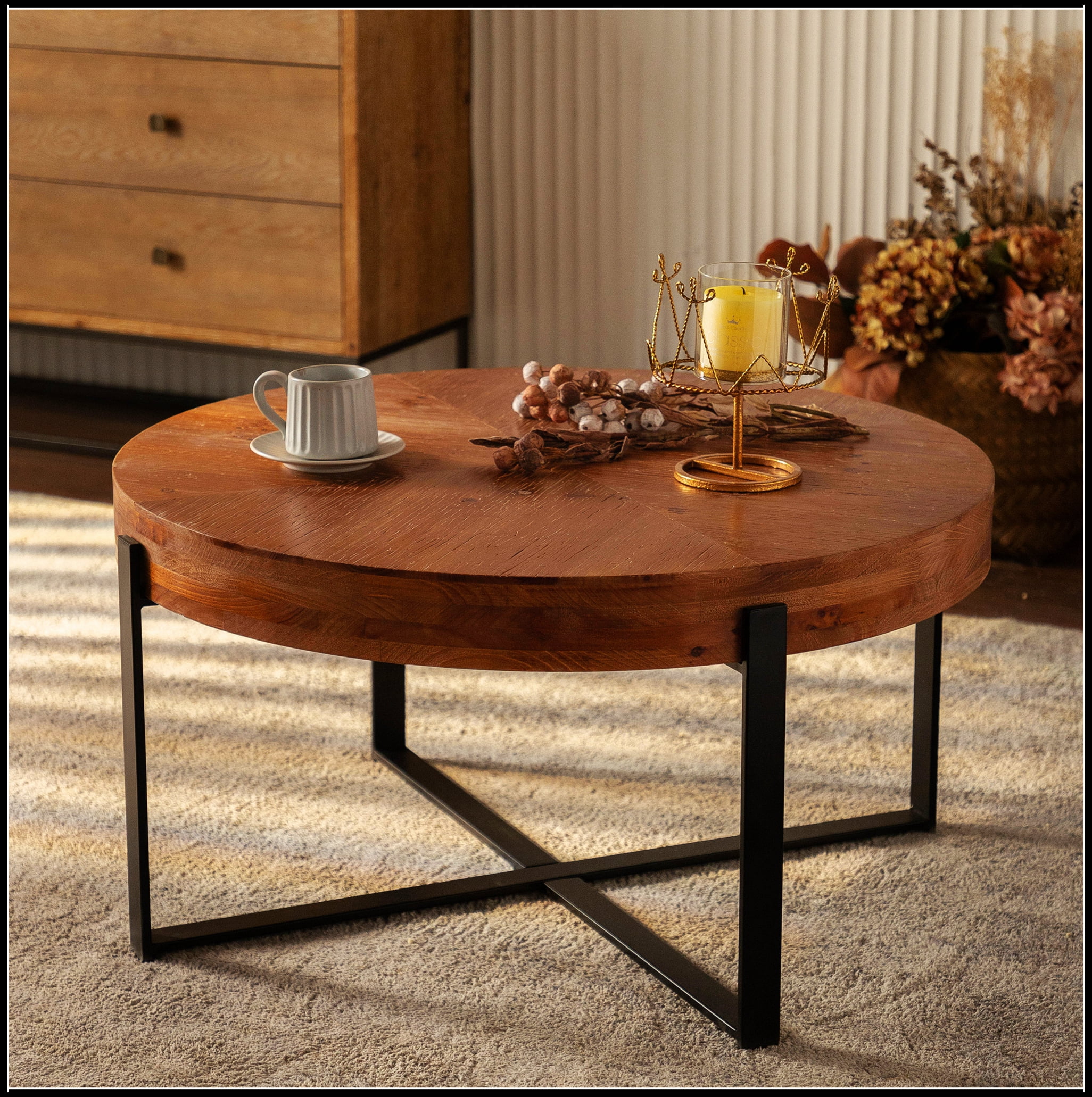 33.86"Modern Retro Splicing Round Coffee Table, Fir Wood Table Top with Black Cross Legs Base ...