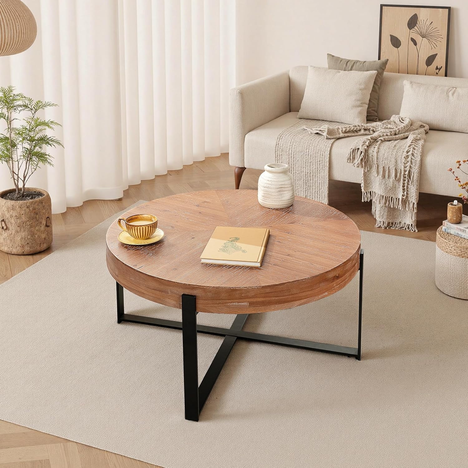 33.86" Modern Retro Splicing Round Coffee Table,Fir Wood Table Top with Black Cross Legs Base ...