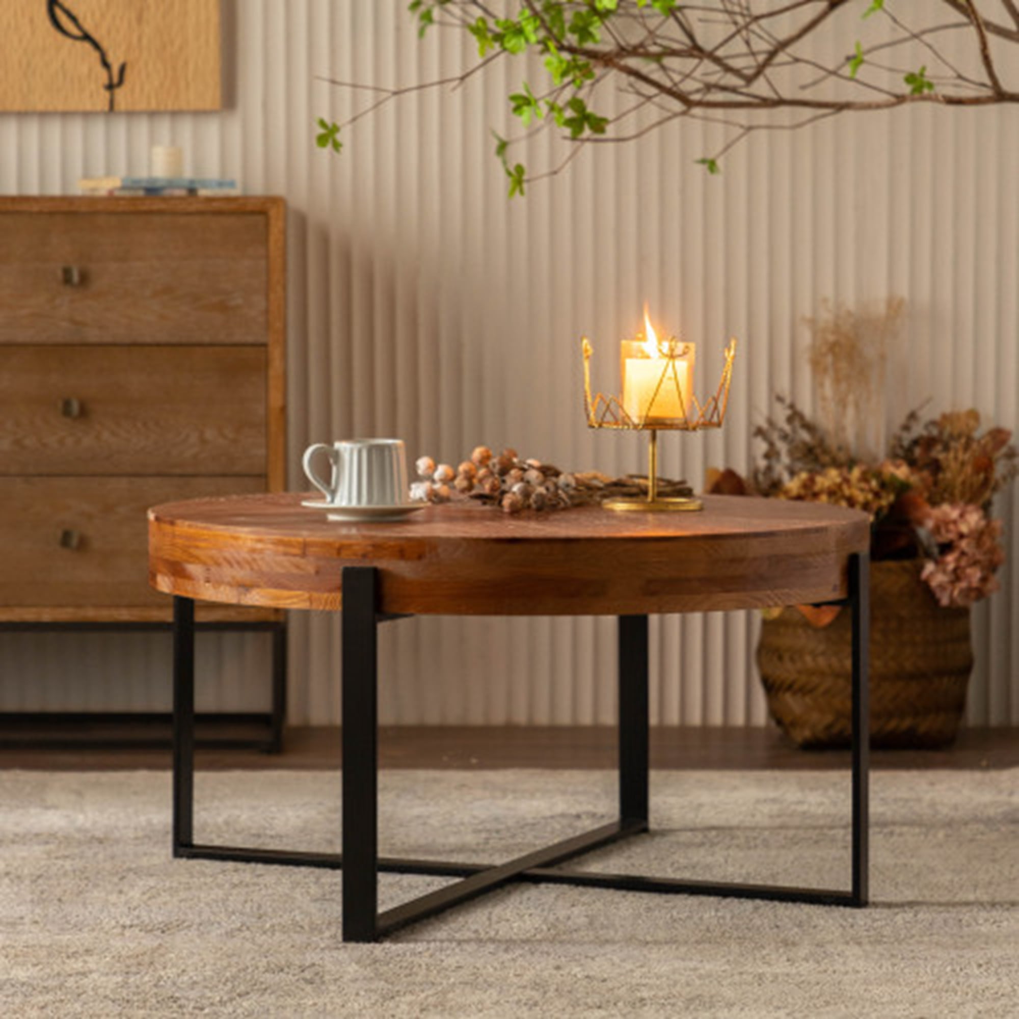 33.86" Round Coffee Table with Black Cross Legs Base - Walmart.com