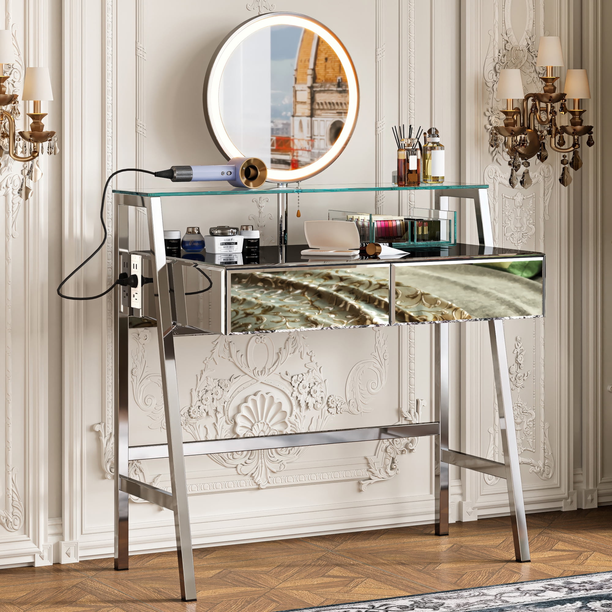 33.9" Mirrored Makeup Vanity Desk with Mirror and Lights, Mirrored Console Vanity Table with 2 ...