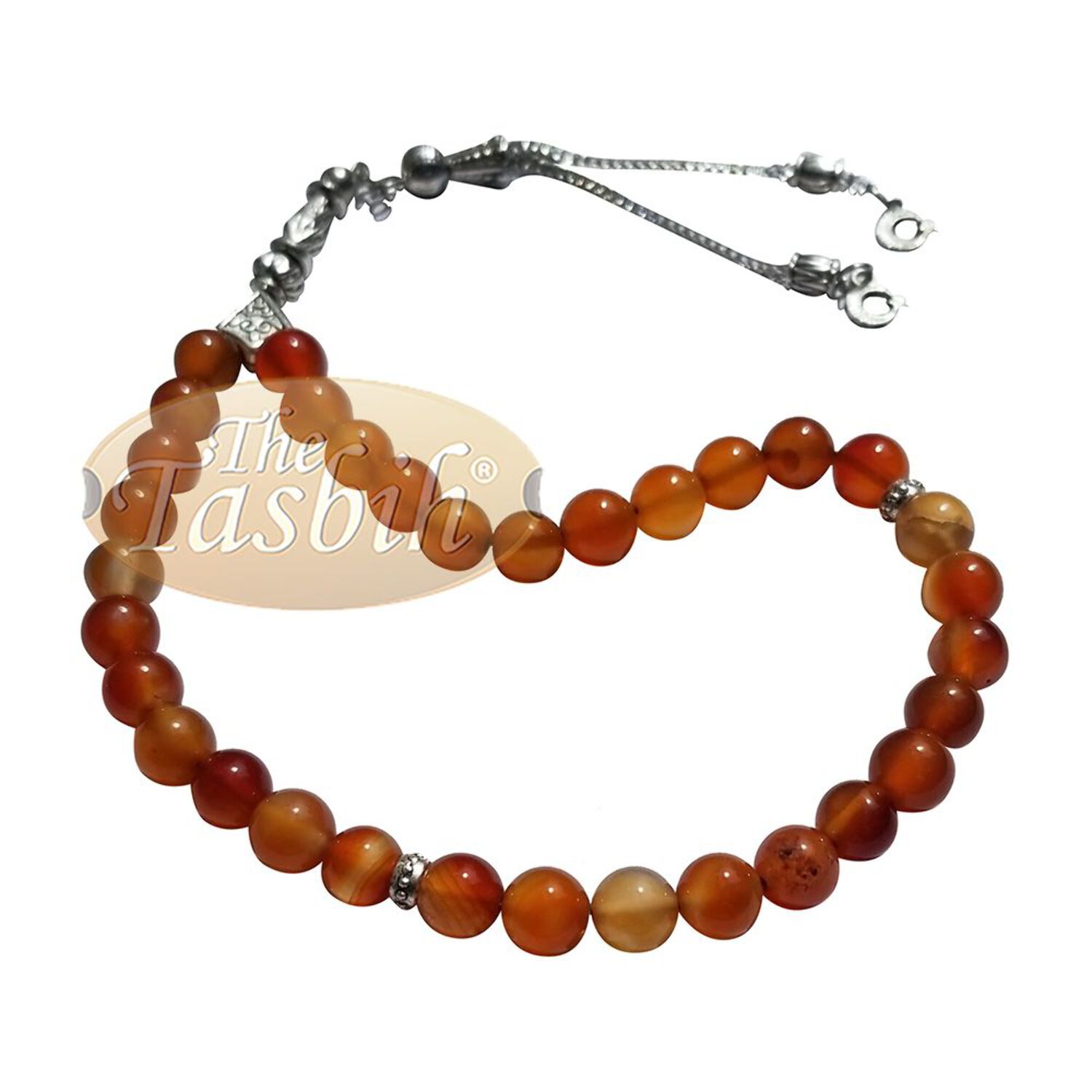 33-Bead Small Honey Agate 7Mm Stone Tasbih Prayer Beads Silver Accents ...