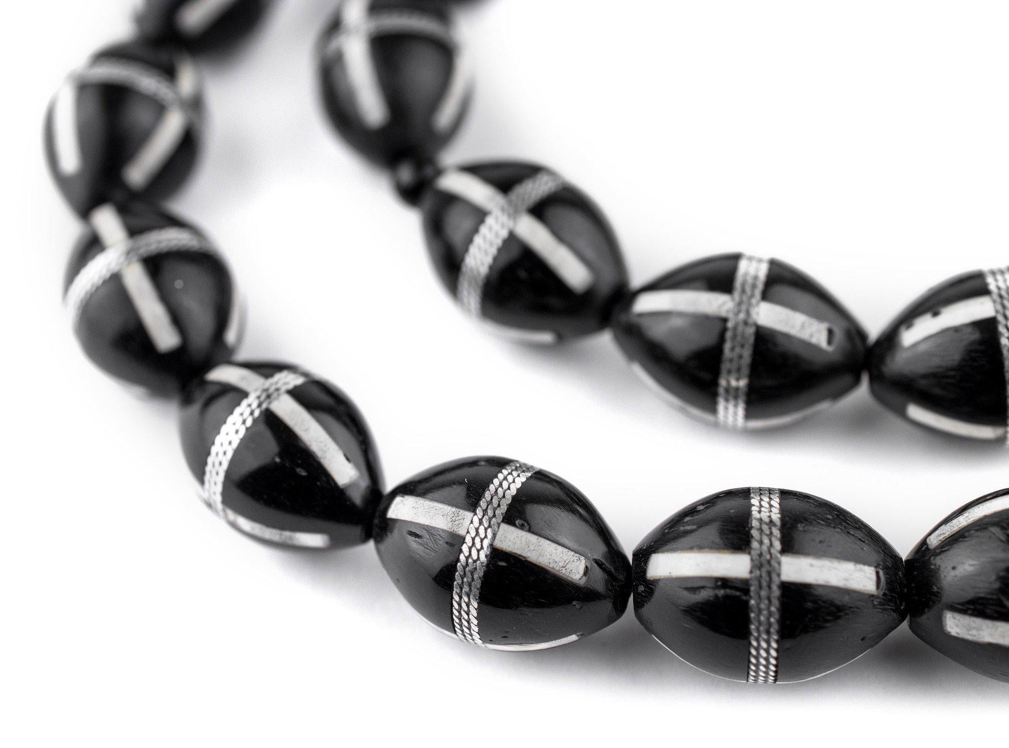 33 Black French Cross Silver-Inlaid Oval Arabian Prayer Beads, Islamic ...