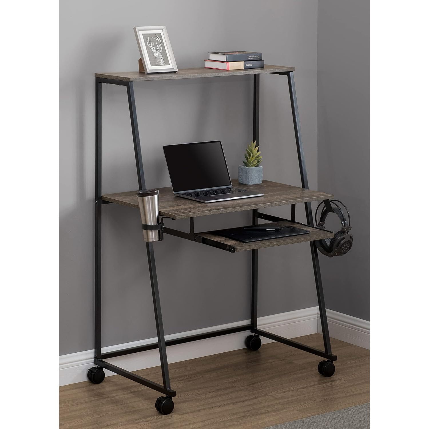 33" Computer Desk, Space-Saving Mobile Workstation with Lockable Wheels ...