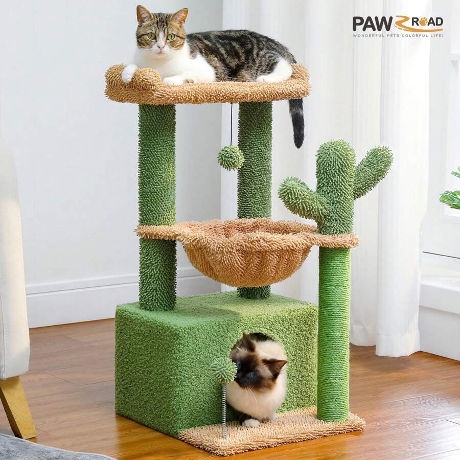 33" Cute Cactus Cat Tree – Scratching Posts Tower with Large Top Perch ...