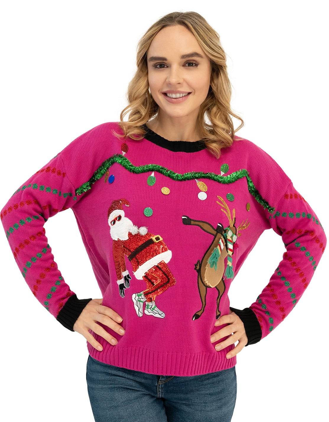 33 Degrees Women's Holiday Xmas Dancing Santa and Reindeer Ugly ...