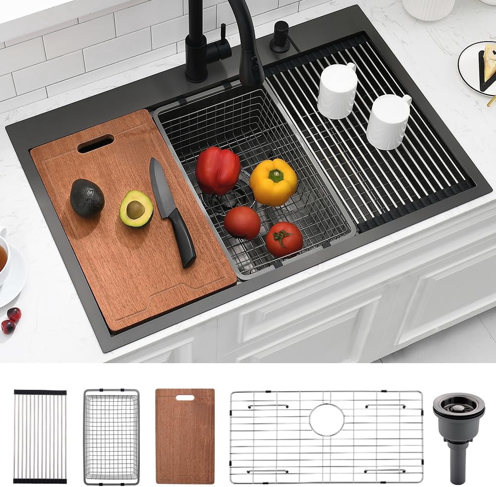 33 Drop In Black Kitchen Sink Workstation 33x22X10 Topmount 16 Gauge ...