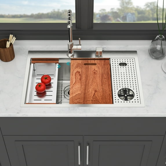 33" Drop-in Kitchen Sink with Cup Washer - 33 x 22 x 10 inch Single ...