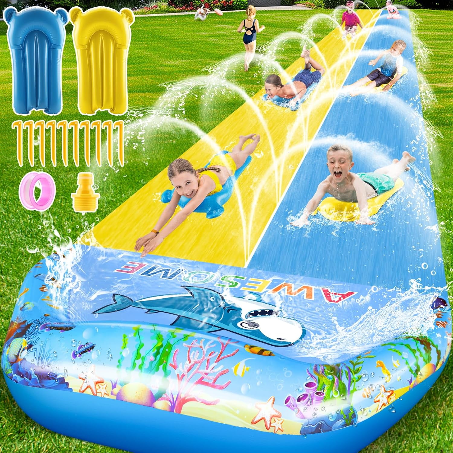 33 FT Extra Long Water Slides for Kids Adults, Giant Double Lawn Water ...