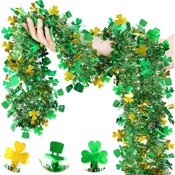 33 FT St Patricks Day Garland Decor Gold Green Shamrock Hat Tinsel ...