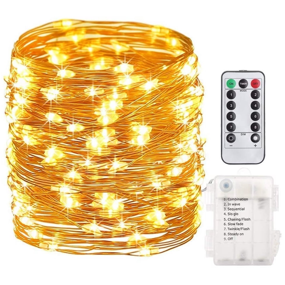 33 Feet 100 Led Fairy String Lights Battery Operated with Remote Control Timer Waterproof Copper ...