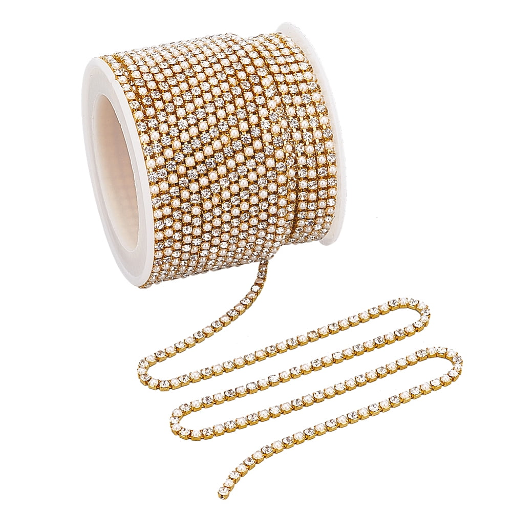 33 Feet Alloy Rhinestone Cup Chains with Pearl Golden Rhinestone Close ...
