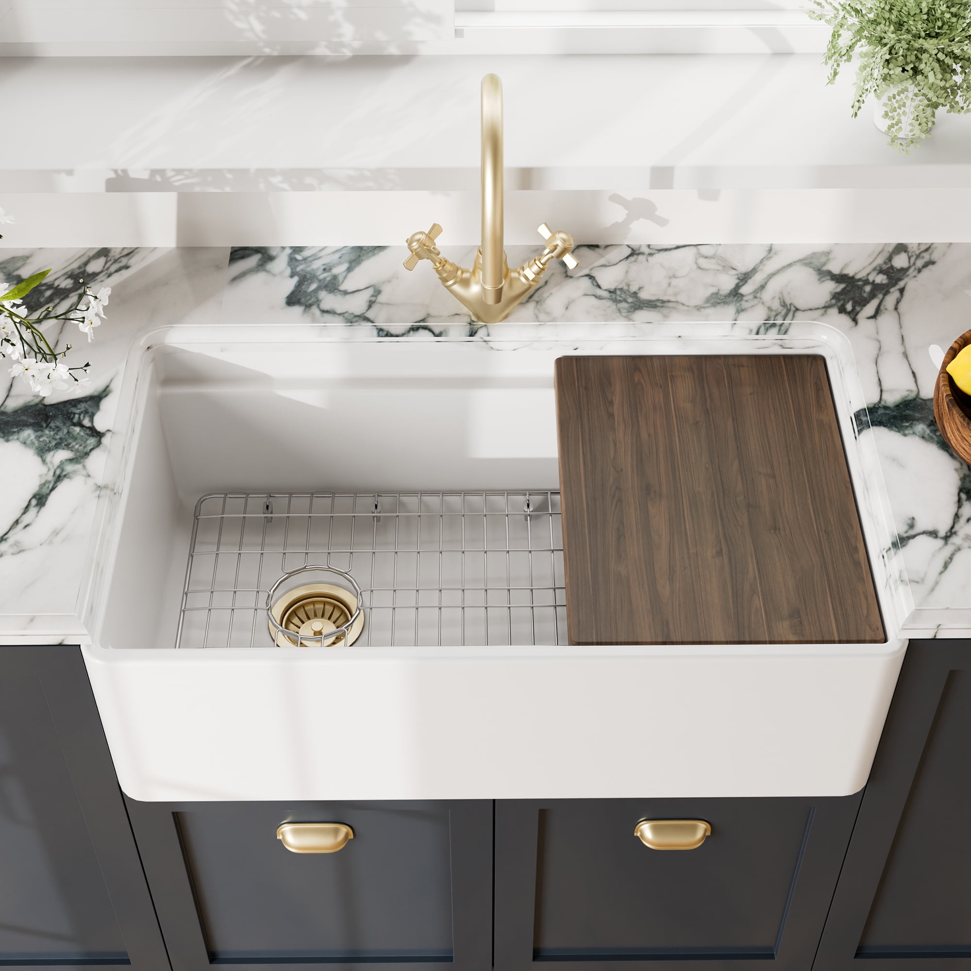 33" Fireclay Ceramic Single Bowl Kitchen Sink with Ledge, Grid and ...