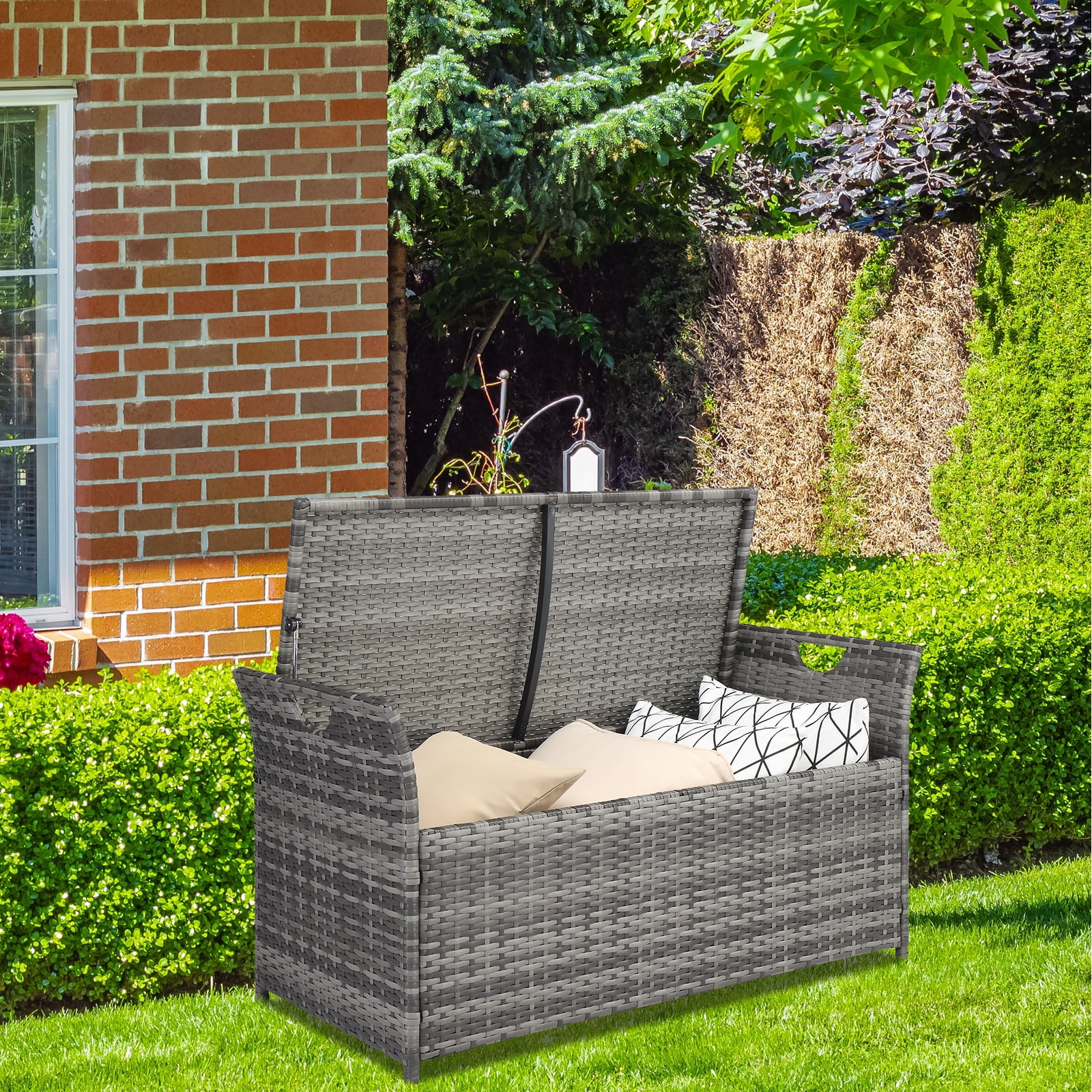 33 Gallon Outdoor Wicker Storage Bench with Cushion, Patio PE Rattan ...