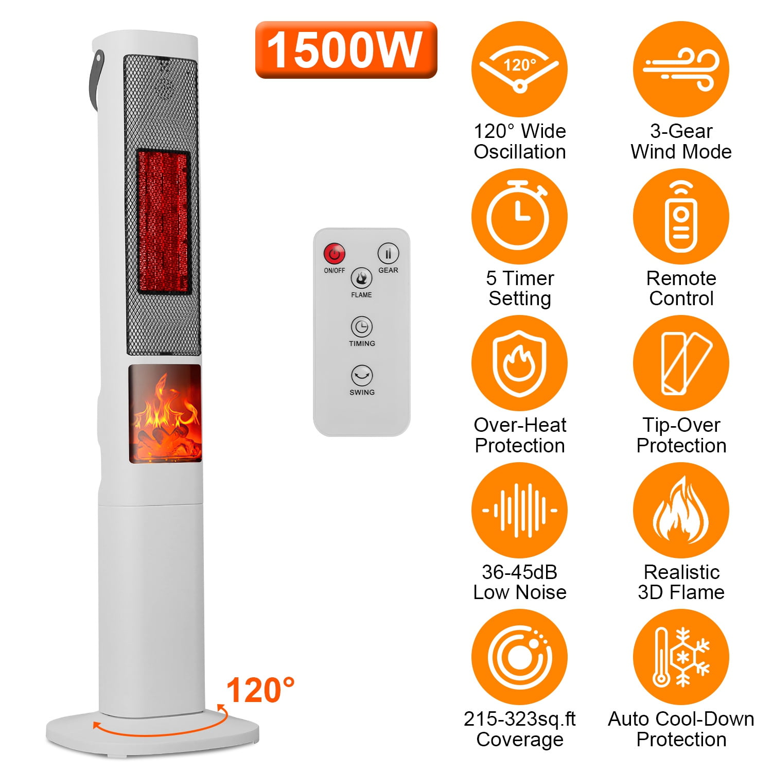 33" Height 1500W Oscillating Tower Heater with Flame Light Tip-Over ...