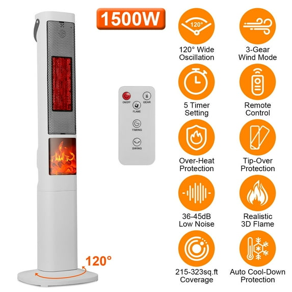 33" Height 1500W Oscillating Tower Heater with Flame Light Tip-Over ...