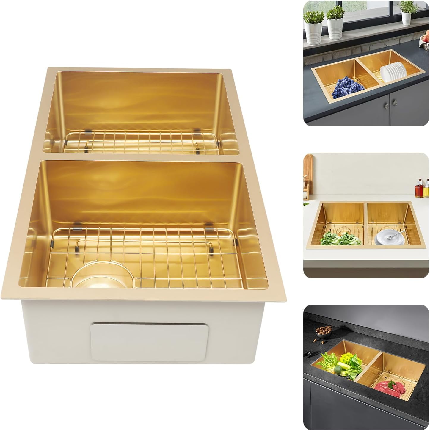 33 In Drop In Kitchen Sink with Drain Racks and Drainer, 33"L x 20"W x ...