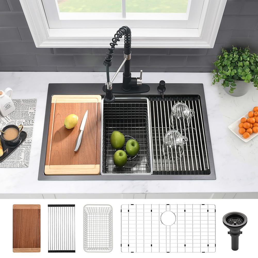 33 Inch Black Drop In Kitchen Sink WorkstationVASOYO 33x19 Kitchen Sink Drop In Topmount ...