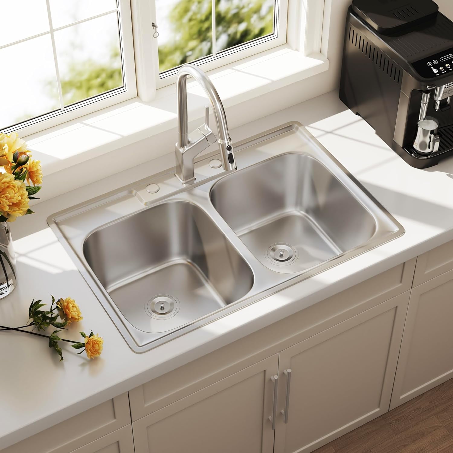 33 Inch Drop In Double Bowl Kitchen Sink 33x22 Topmount 50/50 Stainless ...