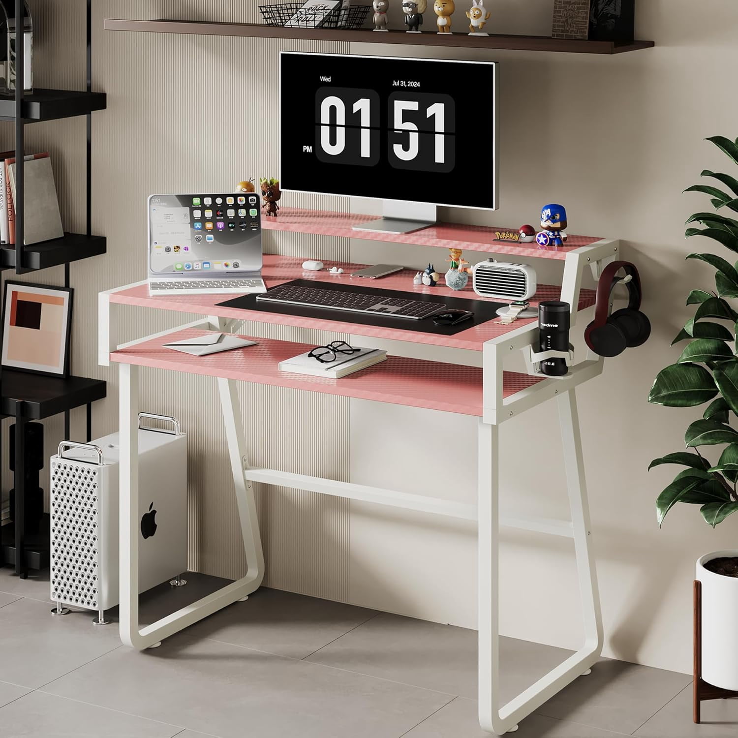 33 Inch Ergonomic Gaming Desk with 3-Tier Carbon Fiber Surface, 1mm ...
