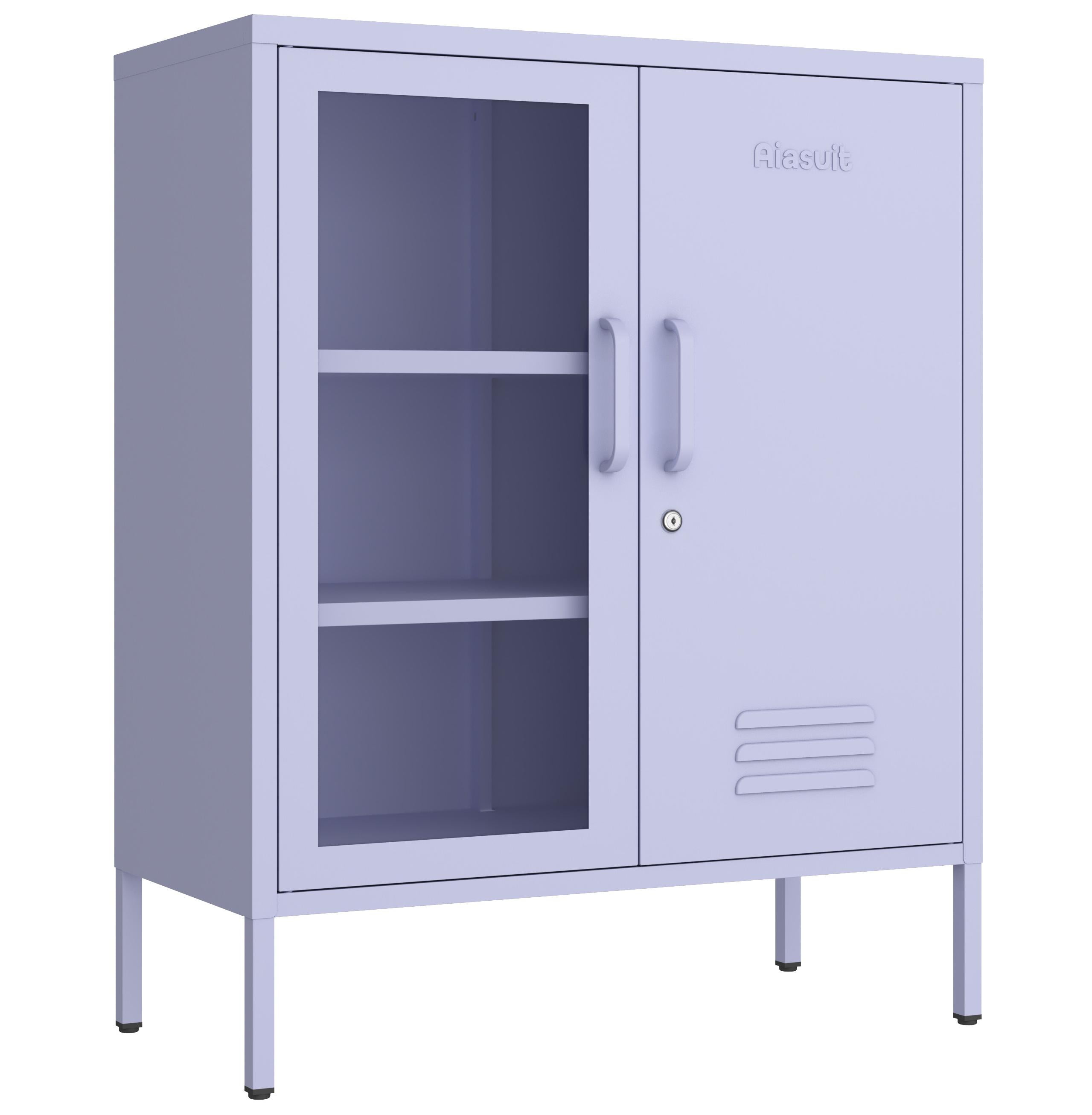 33 Inch Glass and Metal Storage Cabinet Adjustable Shelves 2 Door ...